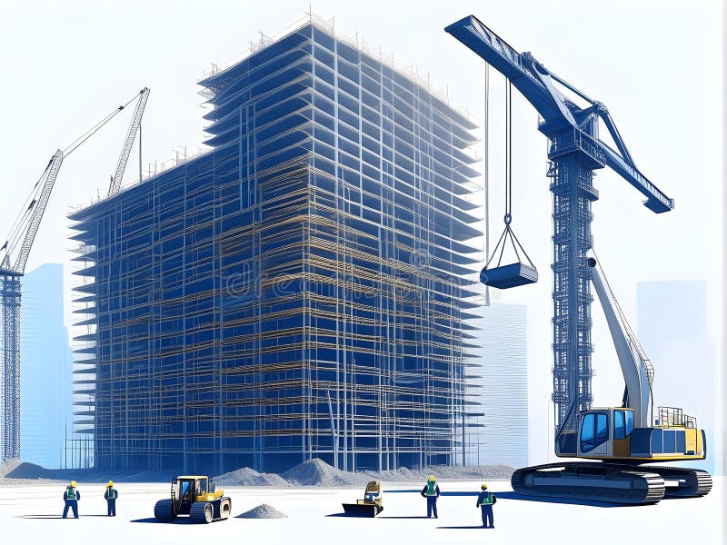 Heavy Construction Vehicles Building a Modern Skyscraper. Dynamic Urban ...