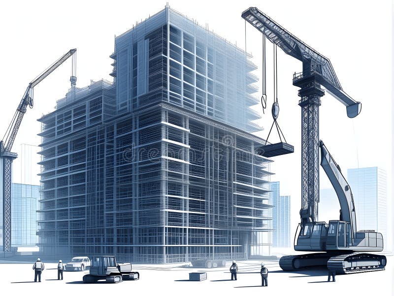 Heavy Construction Vehicles Building a Modern Skyscraper. Dynamic Urban ...