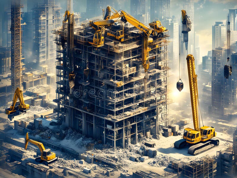 Heavy Construction Vehicles Building a Modern Skyscraper. Dynamic Urban ...