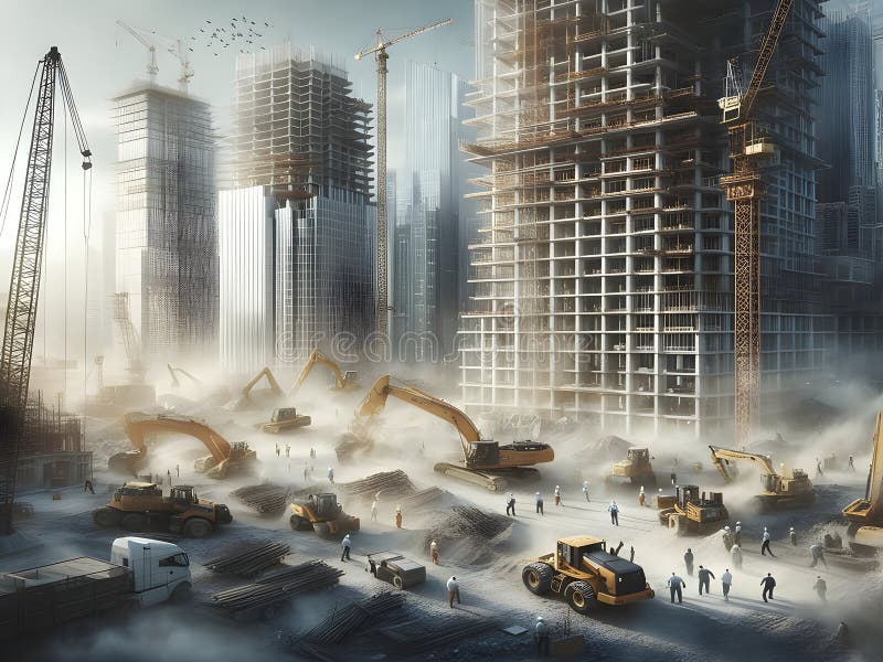 Heavy Construction Vehicles Building a Modern Skyscraper. Dynamic Urban ...