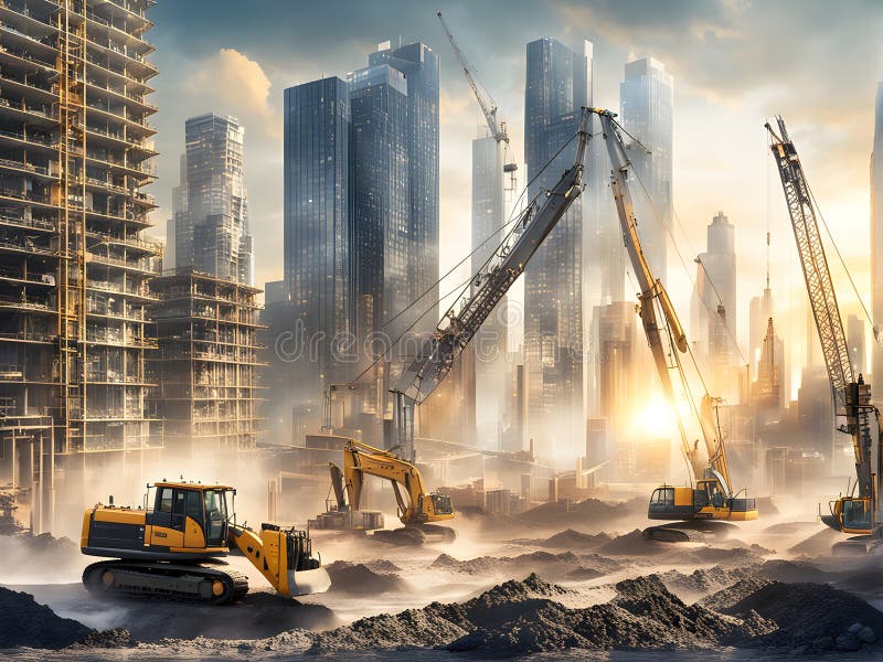 Heavy Construction Vehicles Building a Modern Skyscraper. Dynamic Urban ...