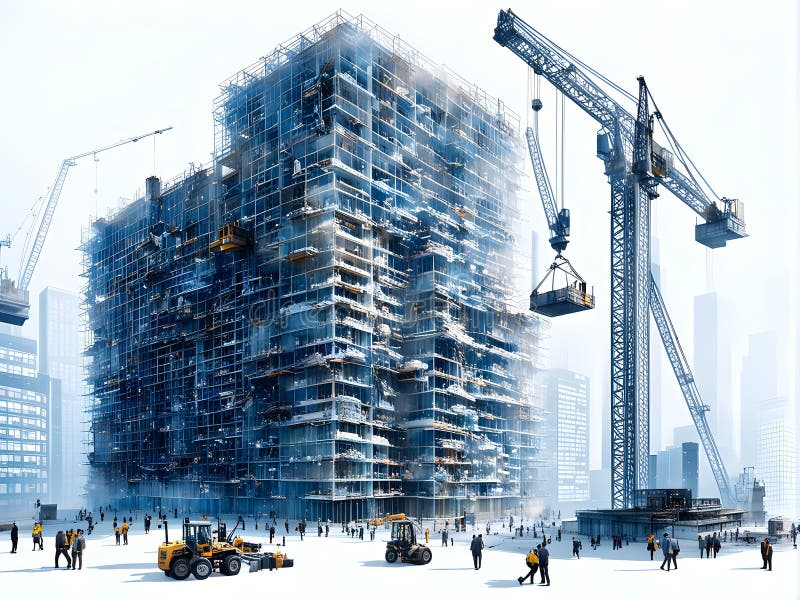 Heavy Construction Vehicles Building a Modern Skyscraper. Dynamic Urban ...