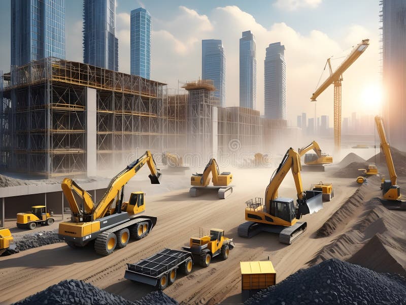 Heavy Construction Vehicles Building a Modern Skyscraper. Dynamic Urban ...