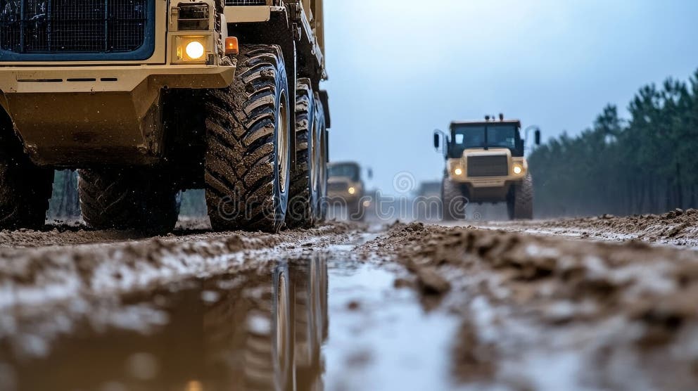Heavy Construction Vehicles on Muddy Terrain with Reflection in Puddle ...