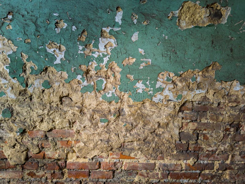 Heavy Damaged Green Painted Plaster and Bricks Wall Background and ...