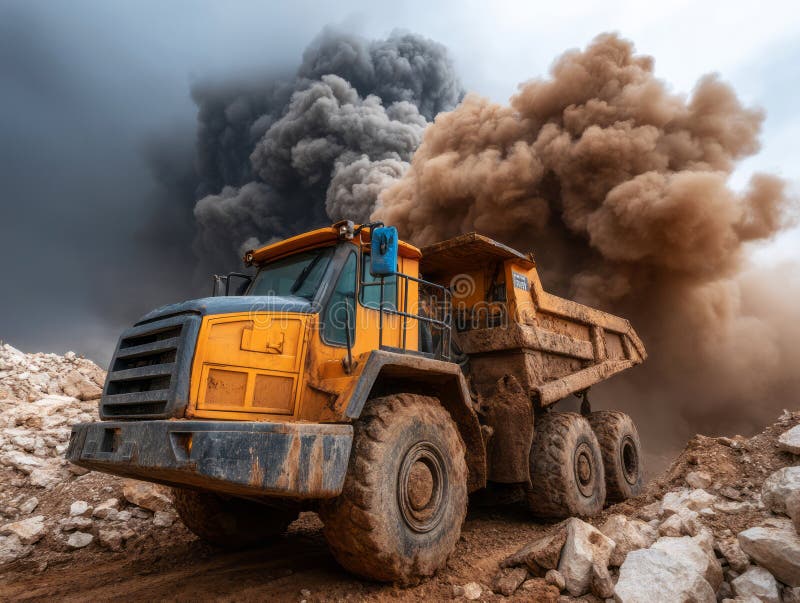 Heavy Dump Truck with Dust and Smoke Clouds at Construction Site in ...