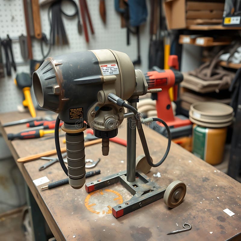Heavy Duty Concrete Drill on a Workbench Surrounded by Tools and Dust ...