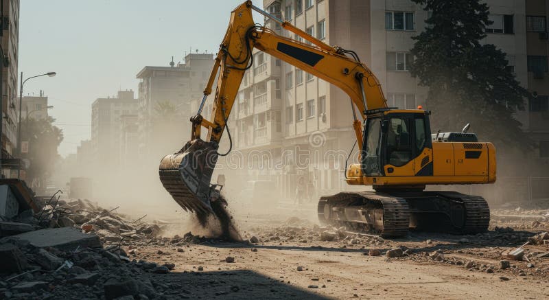 Heavy-duty Excavator Clearing Rubble on Urban Construction Site at Dusk ...