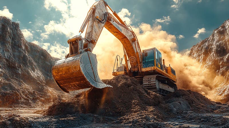 Heavy-duty Excavator Digging Earth in a Dusty Construction Site. AI ...