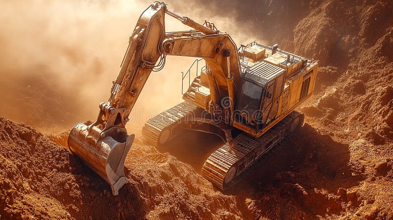 Heavy-duty Excavator Digging Earth in a Dusty Construction Site. AI ...