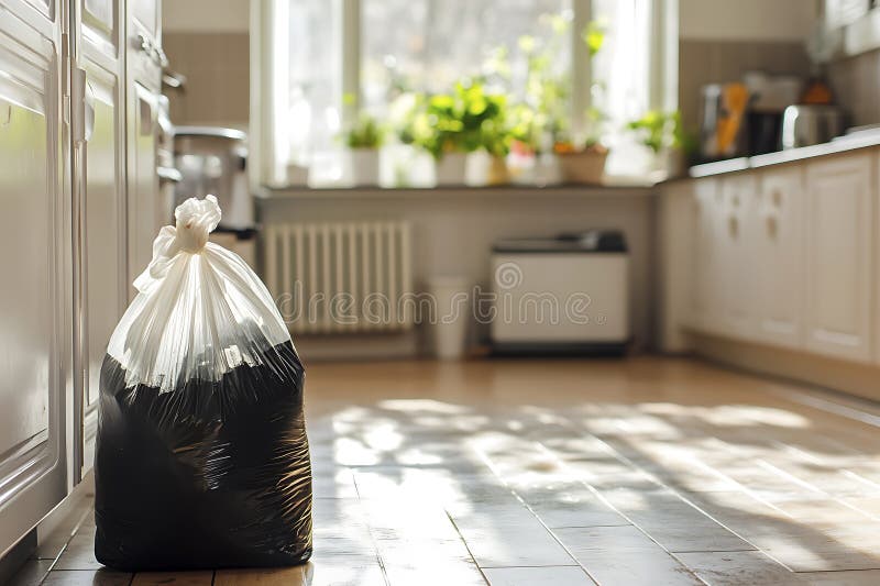 Heavy-duty Plastic Garbage Bag beside a Busy Kitchen Counter Stock ...