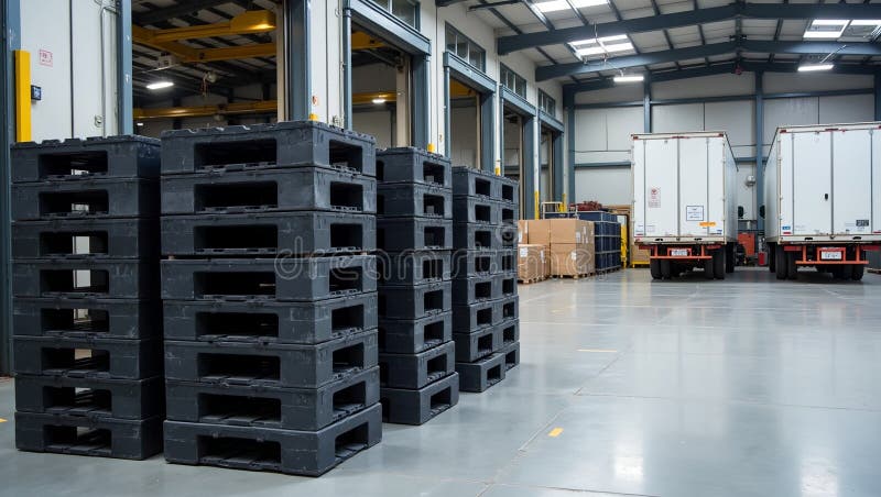 Heavy Duty Plastic Pallets Stacked Near Loading Dock in Factory Setting ...