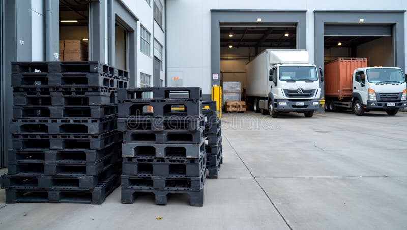 Heavy Duty Plastic Pallets Stacked Near Loading Dock in Factory Setting ...
