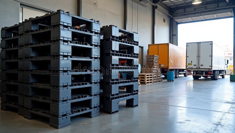 Heavy Duty Plastic Pallets Stacked Near Loading Dock in Factory Setting ...