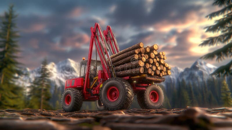 Heavy-Duty Red Logging Machine Transporting Timber in Scenic Mountain ...