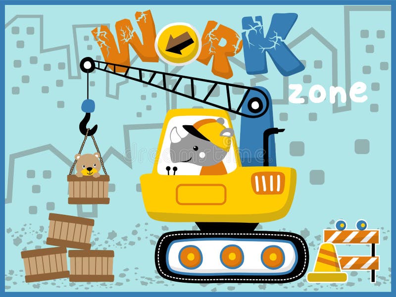 Heavy Equipment Cartoon Vector. Little Animals on Work Zone with Heavy ...