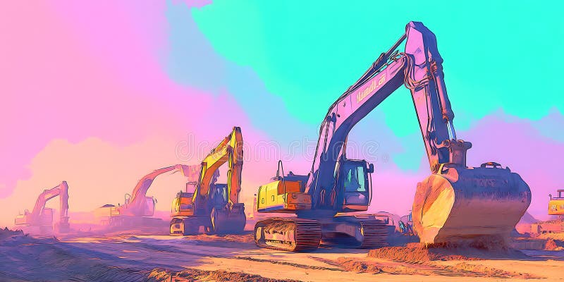Heavy Equipment Construction Machinery Excavators at Sunset Stock Image ...