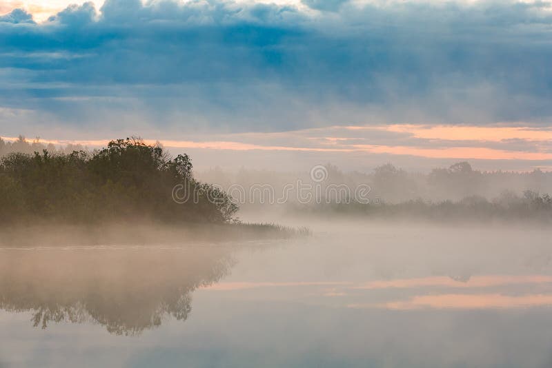 Heavy Fog On The River Before The Rain. Dense Fog Covers The River And ...