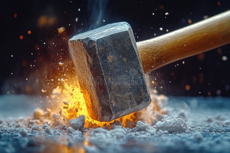 A Heavy Hammer Smashes into a Surface, Creating a Burst of Sparks and ...