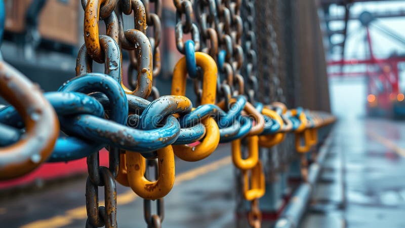 Heavy Industrial Chains Secure Cargo at a Shipping Dock on a Rainy Day ...
