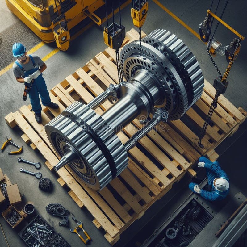 Heavy Industry Inside: Mechanics Work on Large Crankshaft. Stock ...