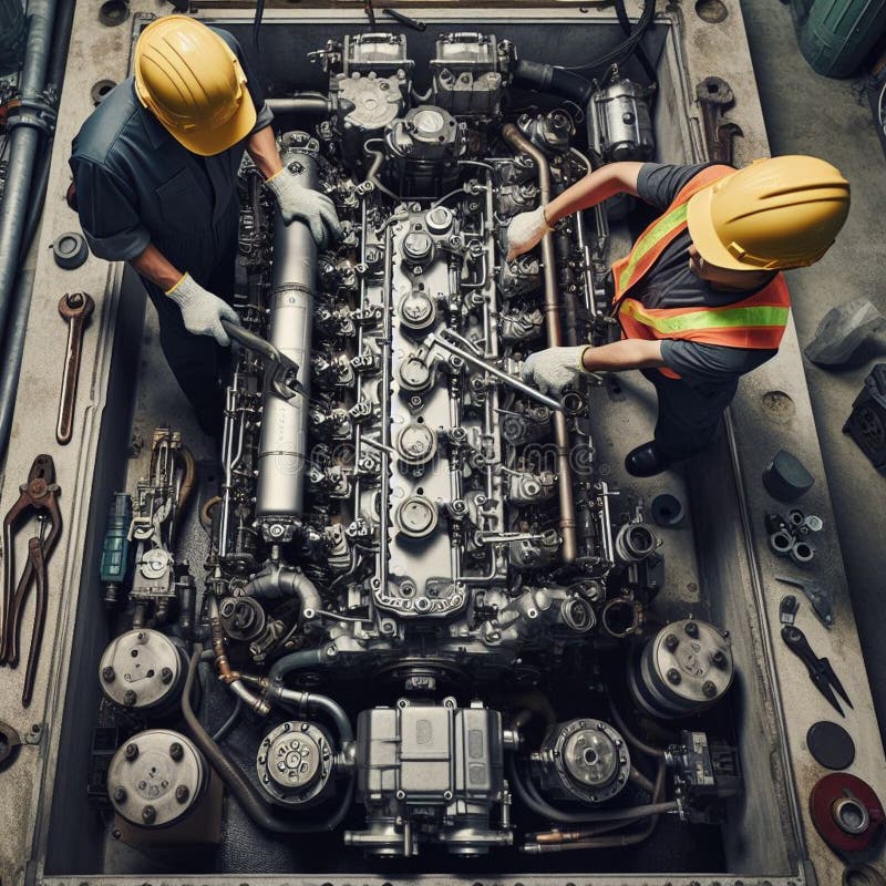 Heavy Industry Inside: Working on an Internal Combustion Engine. Stock ...