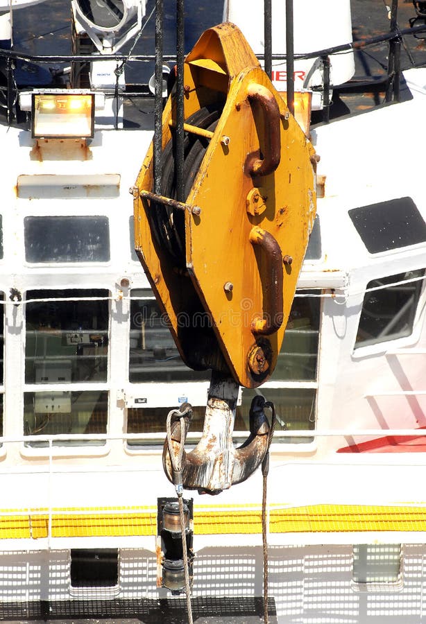 Heavy Load is Lowered Onto Ships Main Deck-detail of Connected Hook ...