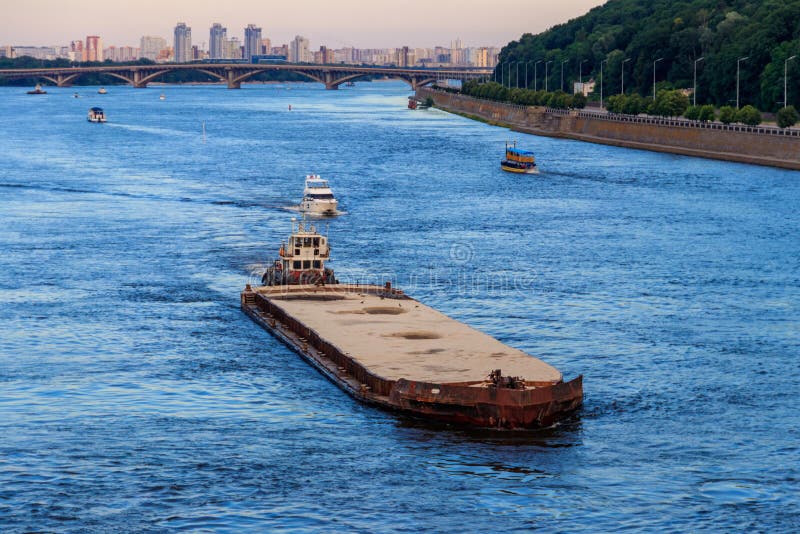 Heavy Long Barge Sailing on the Dnieper River in Kiev, Ukraine Stock ...