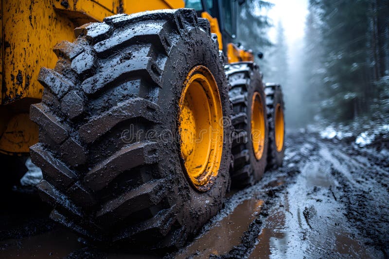Heavy Machinery in Action: Large Wheel Loader on Muddy Forest Path ...