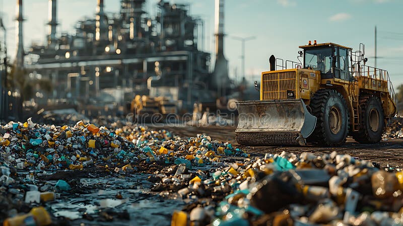 Heavy Machinery Clearing Plastic Waste in Industrial Area, Showcasing ...