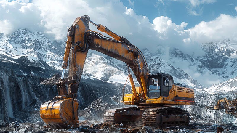 Heavy Machinery Excavator Operating in a Rugged Quarry, Mountains in ...