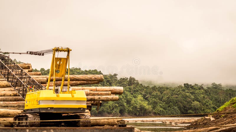 Heavy Machinery Loading Timber into the Barge Stock Image - Image of ...