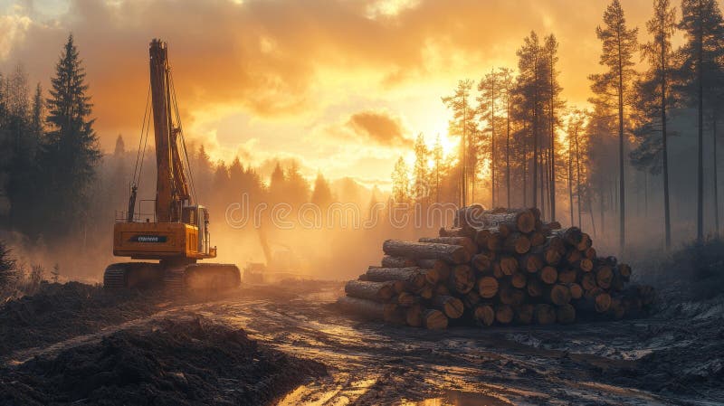 Heavy Machinery Logging in Forest at Sunset Generative AI Stock ...