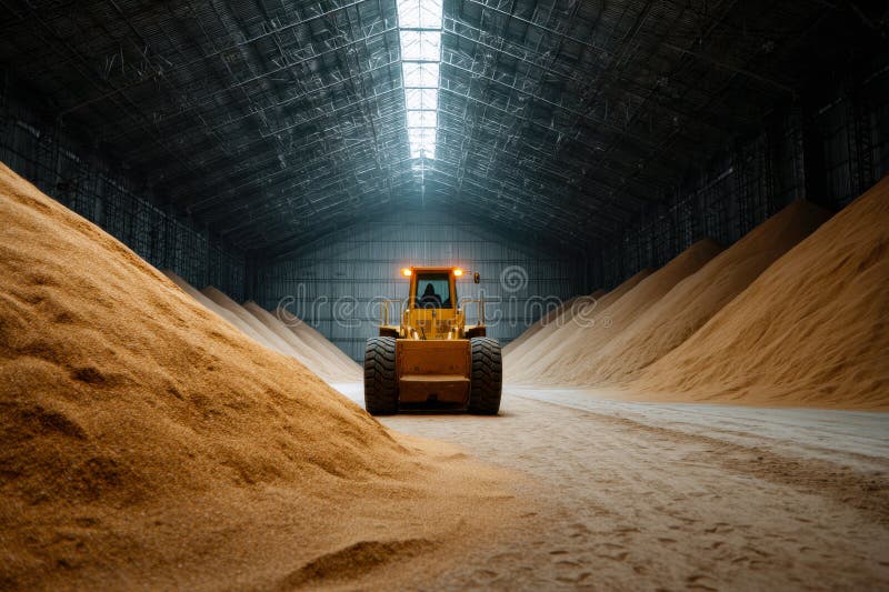 Heavy Machinery Moving Grain in Expansive Storage Facility during ...