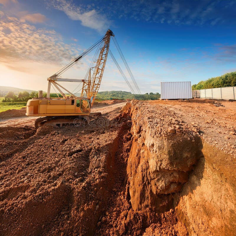 Excavator Digging Deep Trench at Construction Site during Sunset in Rural Landscape Generative ...