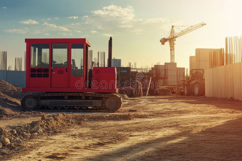 Heavy Machinery Operates on a Construction Site during Sunset with ...
