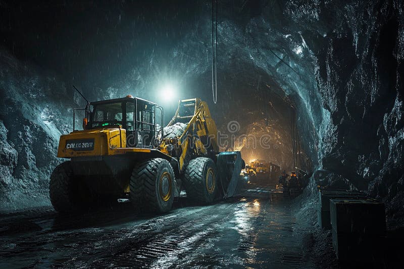 Heavy Machinery Operates in a Dark, Underground Mining Tunnel during a ...