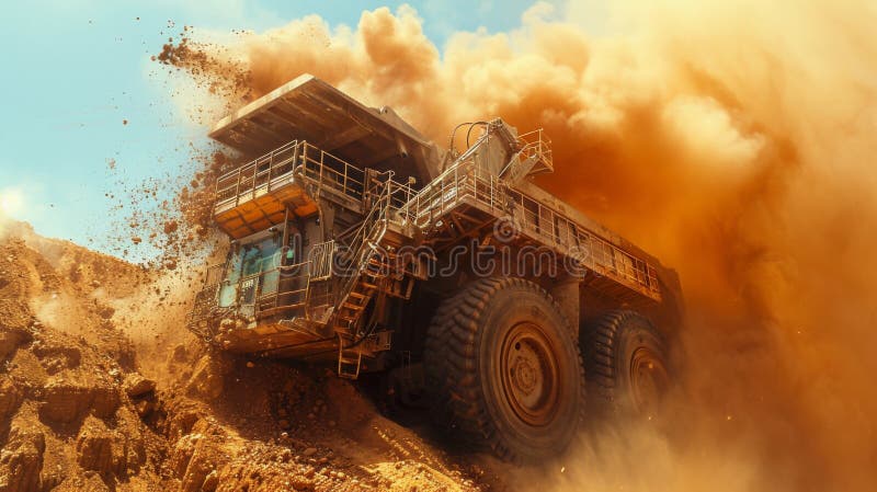 Heavy Machinery Operates in Mining Site Creating Dust Clouds during ...