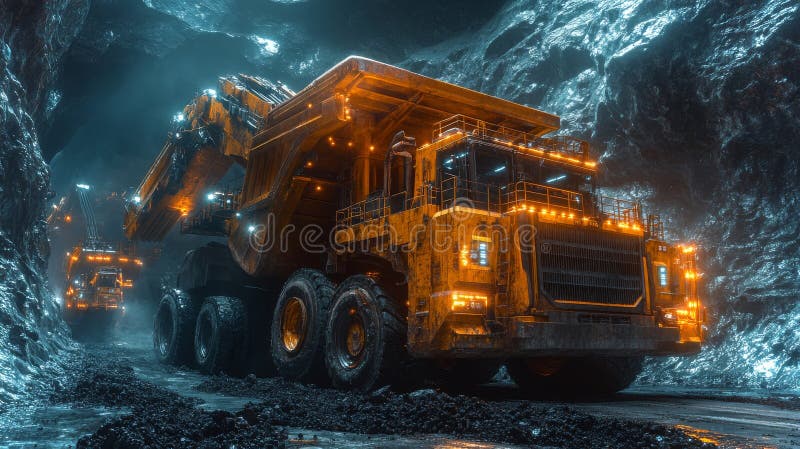 Heavy Machinery Operates at a Modern Coal Mining Site Illuminated in a ...