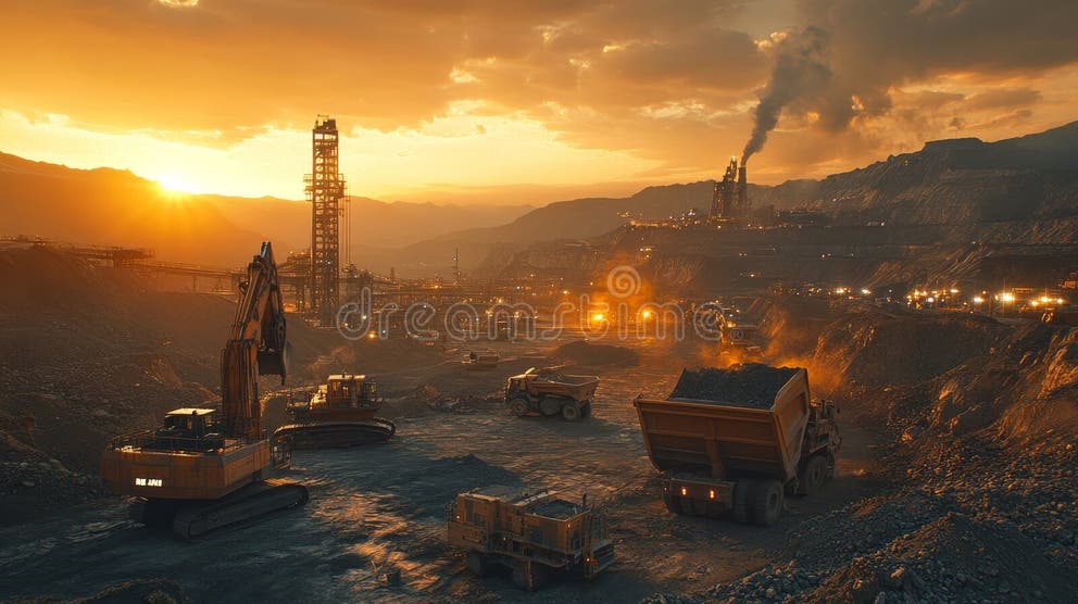 Heavy Machinery Operates at Sunset in a Large-scale Mining Operation ...
