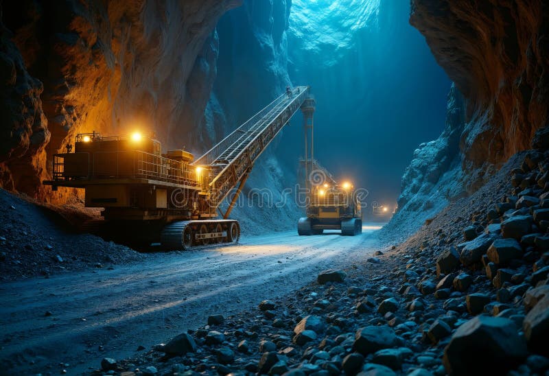 Heavy Machinery Operates in an Underground Quarry Illuminated by ...