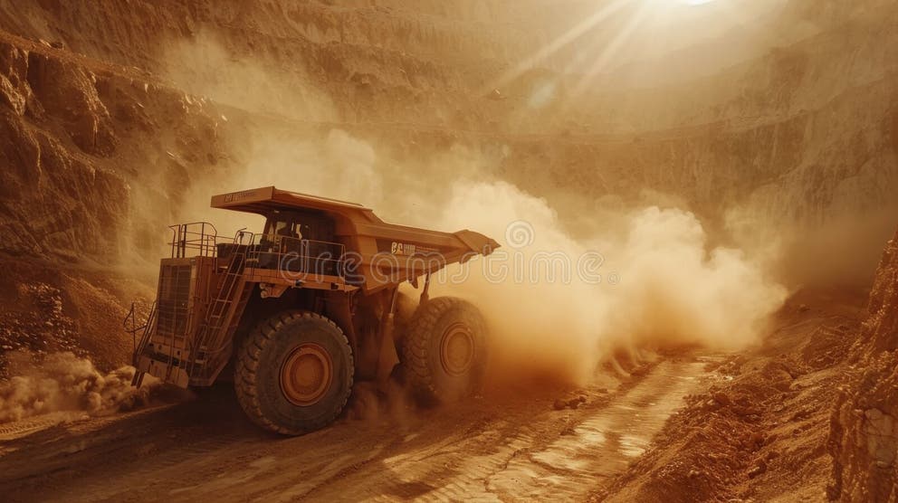 Heavy Machinery Operating in a Large Open Pit Mine during Sunset ...