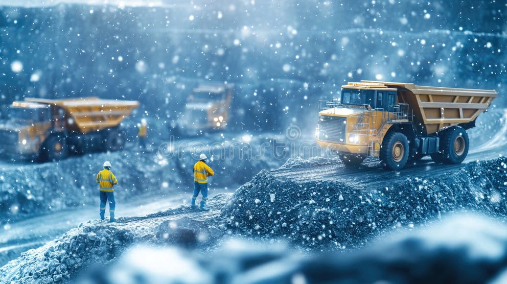 Heavy Machinery Operating in Snowy Quarry with Construction Workers ...