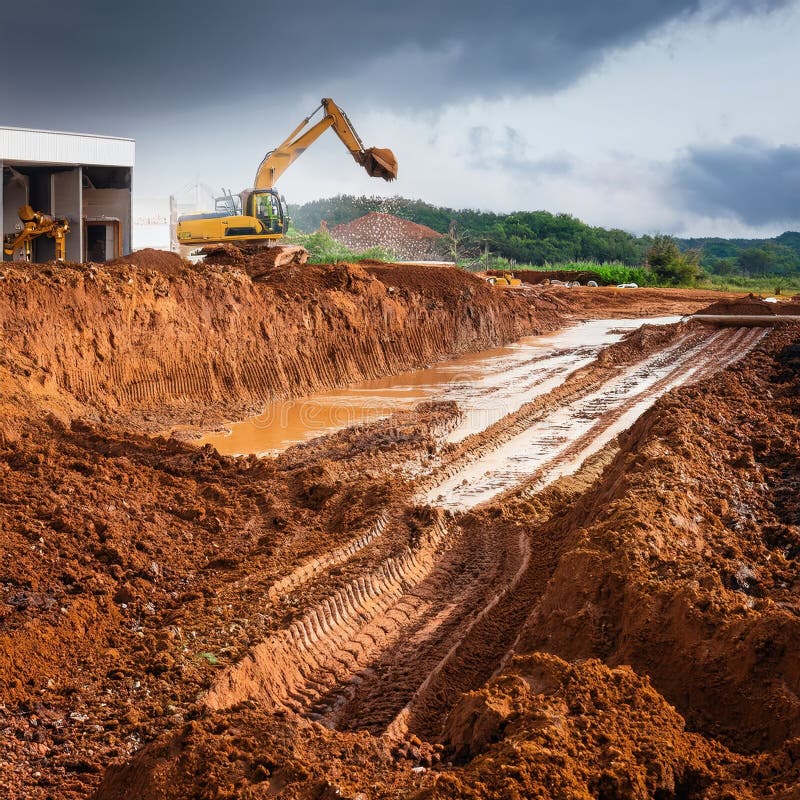 Excavator Working on Wet Dirt at Construction Site Under Cloudy Sky in ...