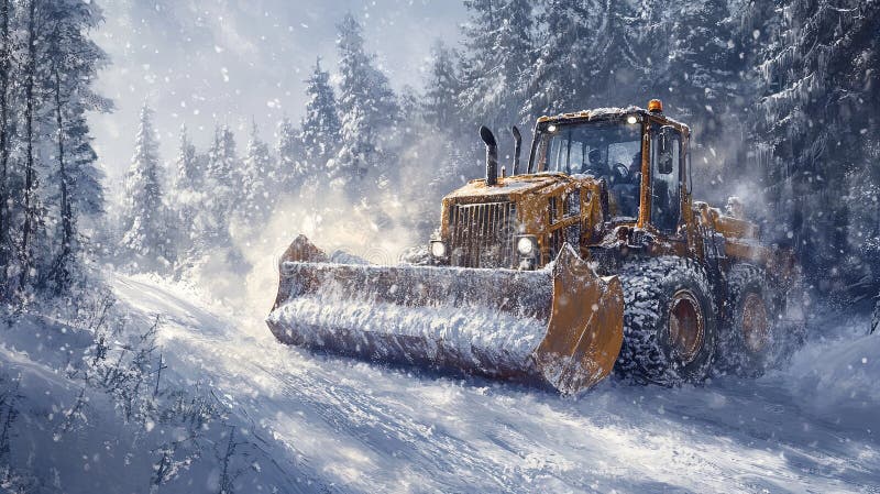Heavy Machinery Plowing through Deep Snow on a Forest Road in a Winter ...