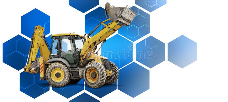 Heavy Machinery Showcased Against a Vibrant Blue Hexagonal Backdrop ...