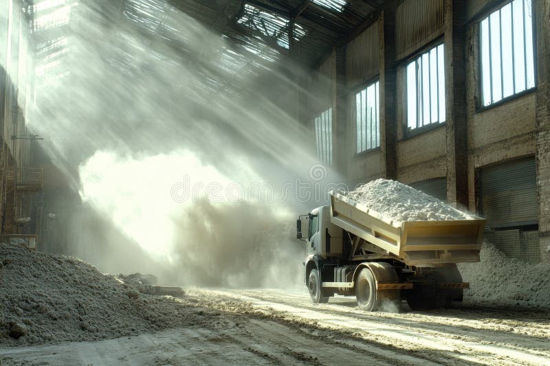Heavy Machinery Operating in Industrial Warehouse with Dust and Light ...