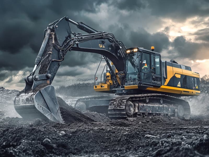 Heavy Machinery at Work a Black and Yellow Excavator Breaking Ground ...