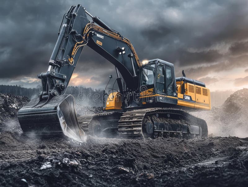 Heavy Machinery at Work a Black and Yellow Machine Tilling Soil Under ...