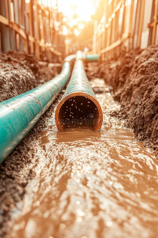 Heavy Machinery Work at a Construction Site is Visible As Muddy Water ...